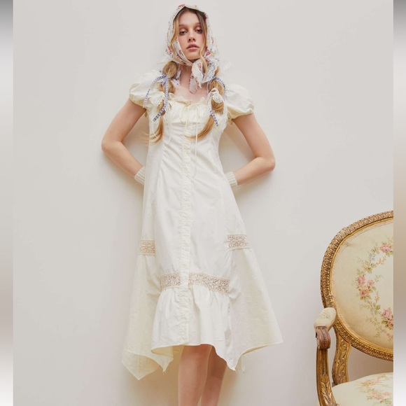 Cider | Dresses | Cider Shirred Lace Trim Asymmetrical Hem Midi Dress ...